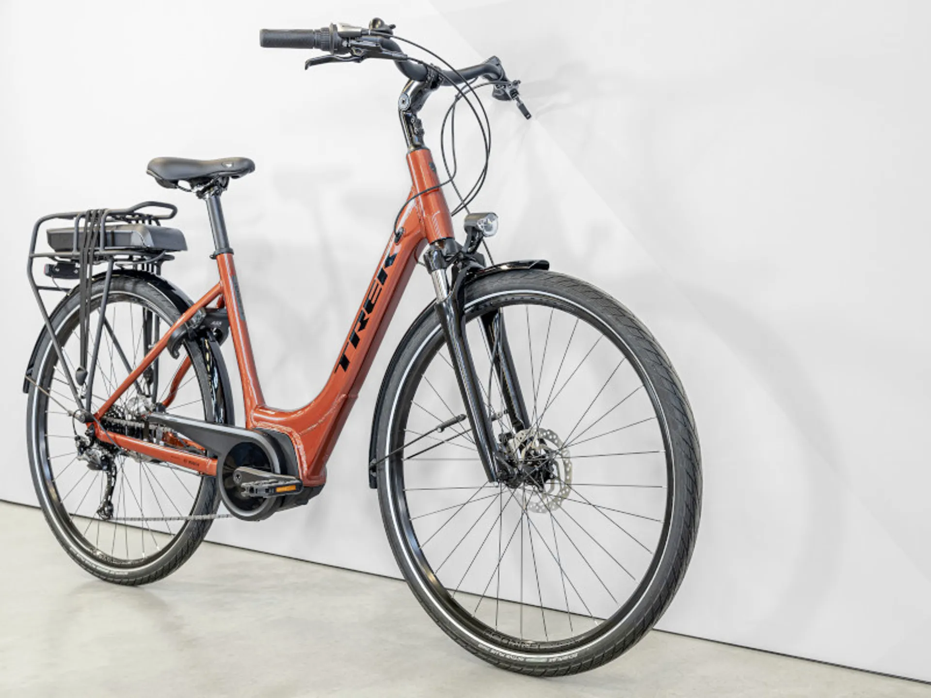 Trek Verve+ 1 Lowstep 400Wh Electric Hybrid Bike 2024 in Penny Flake Orange